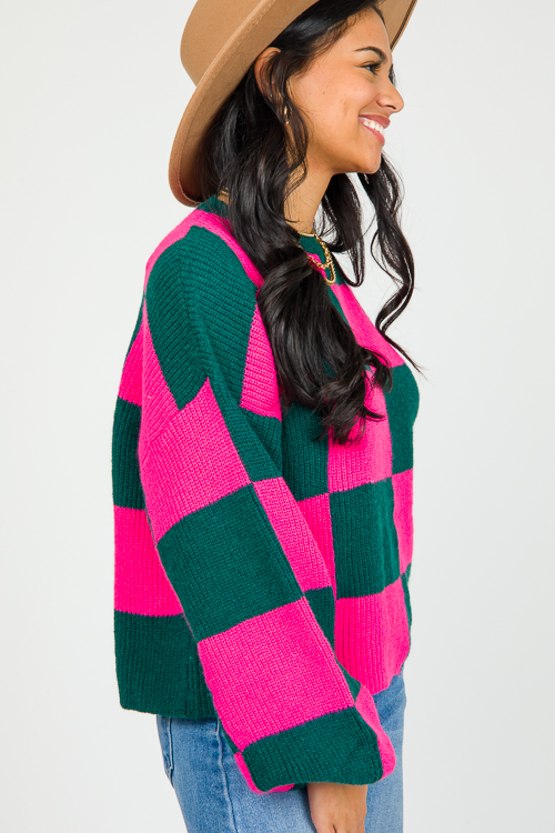 Checkered Sweater, H. Green/Hot Pink - New Arrivals - The Blue Door ...