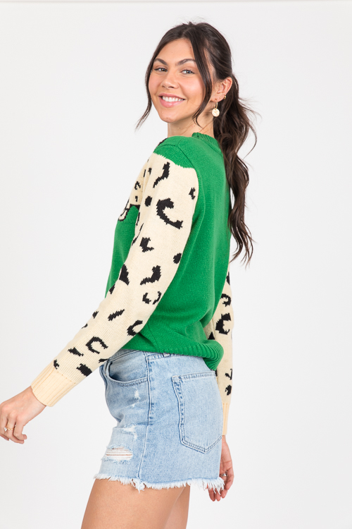 Snow Leopard Sweater, Green - SALE - The Blue Door Boutique