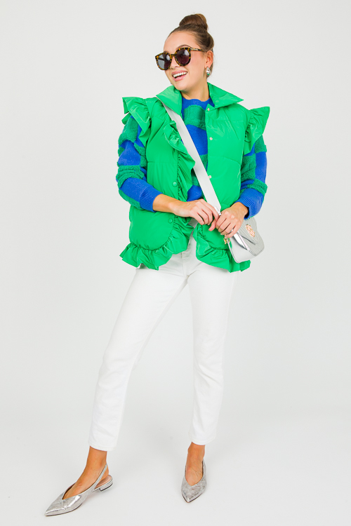 Ruffle Puffer Vest, Kelly Green - SALE - The Blue Door Boutique