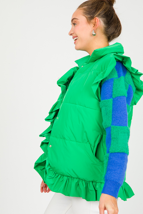 Ruffle Puffer Vest, Kelly Green - SALE - The Blue Door Boutique