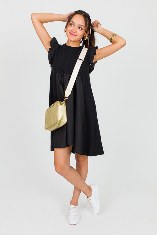 Poplin Contrast Knit Dress, Black - New Arrivals - The Blue Door Boutique
