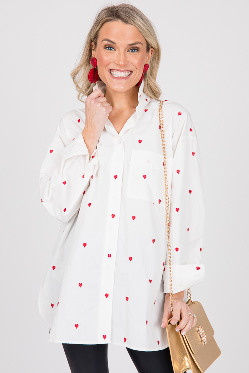 Heart Embroidery Button Up, Red - SALE - The Blue Door Boutique