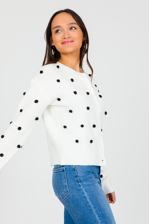 Pom Pom Button Sweater, White - New Arrivals - The Blue Door Boutique