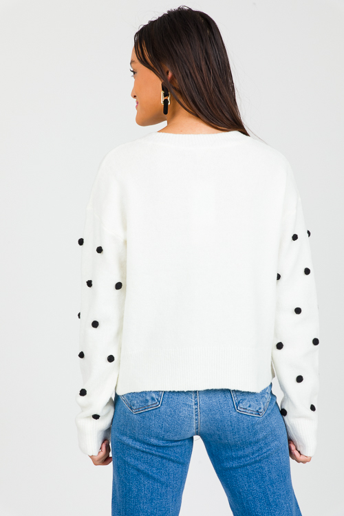 Pom Pom Button Sweater, White - New Arrivals - The Blue Door Boutique