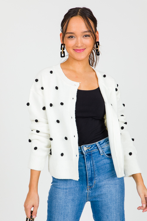 Pom Pom Button Sweater, White - New Arrivals - The Blue Door Boutique