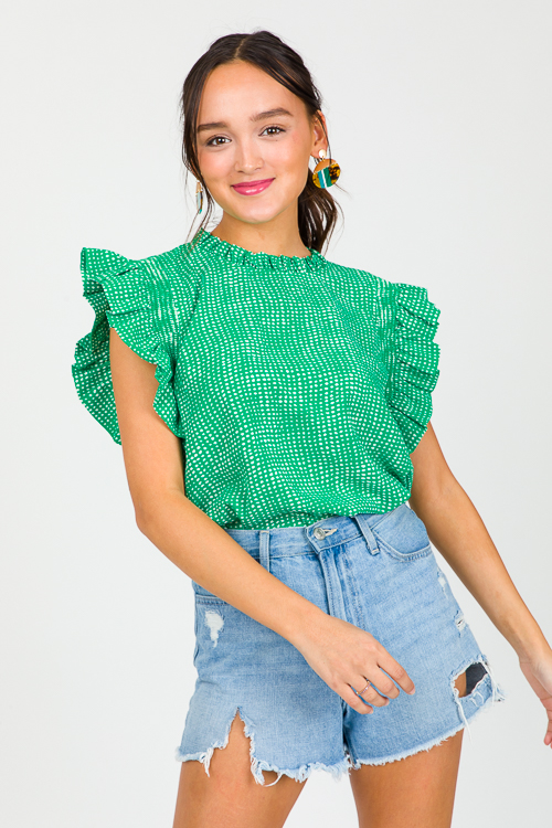 Spotty Flutter Top, Green - New Arrivals - The Blue Door Boutique