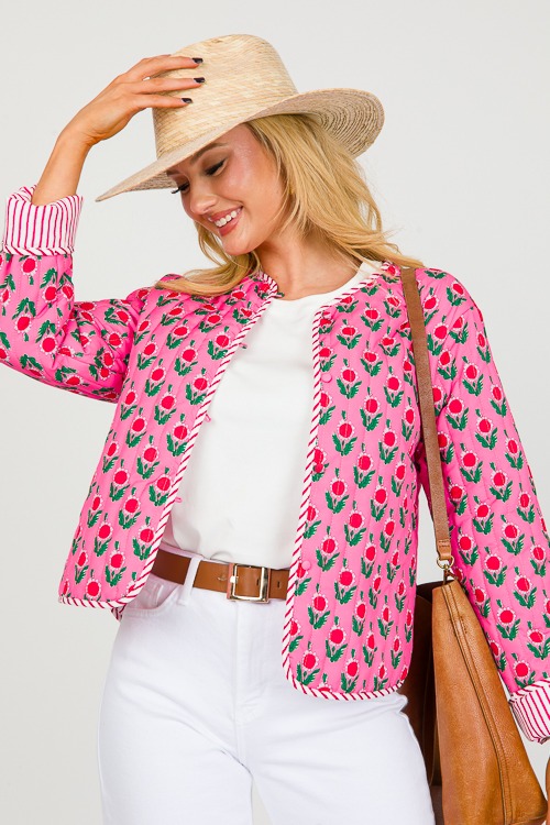 Stripe Trim Flower Jacket, Pink - New Arrivals - The Blue Door Boutique