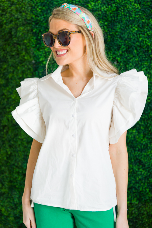 Ruffle Sleeves Button Top, Ivory - New Arrivals - The Blue Door Boutique