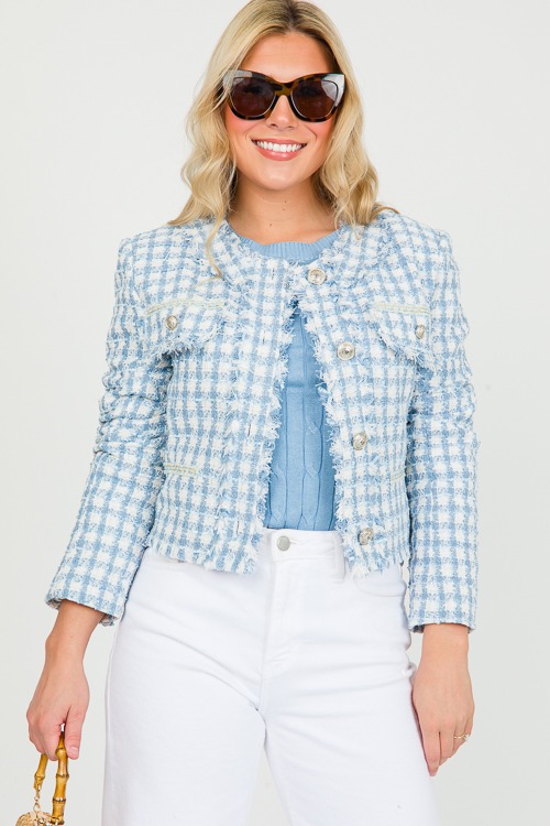Tweed Fringe Jacket, Pale Blue - New Arrivals - The Blue Door Boutique