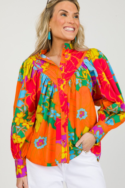 Bold Floral Button Top - New Arrivals - The Blue Door Boutique
