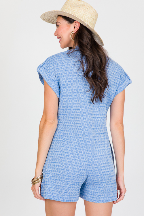 Stitched Button Up Romper, Blue - New Arrivals - The Blue Door Boutique