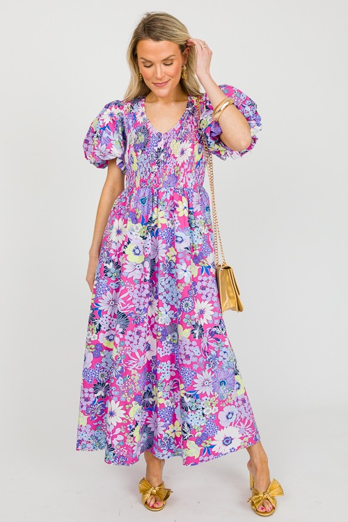 Smock Puff Sleeve Dress, Fuchsia - New Arrivals - The Blue Door Boutique