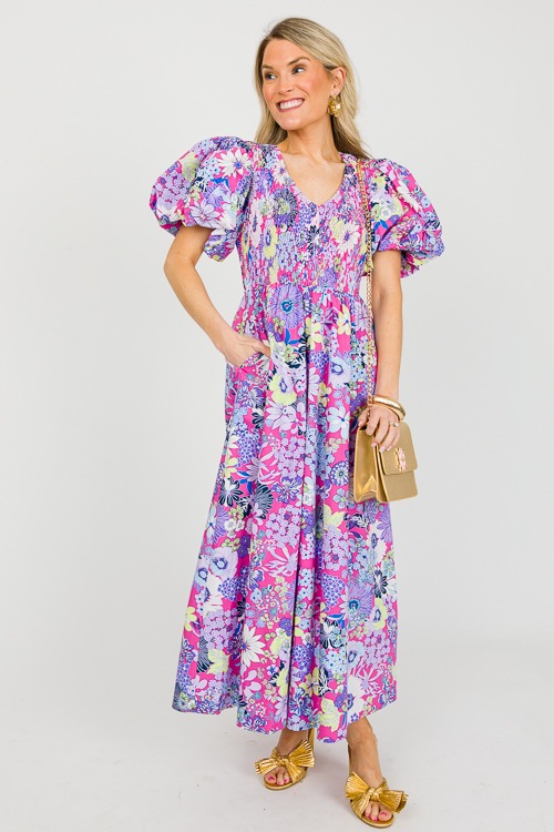 Smock Puff Sleeve Dress, Fuchsia - New Arrivals - The Blue Door Boutique