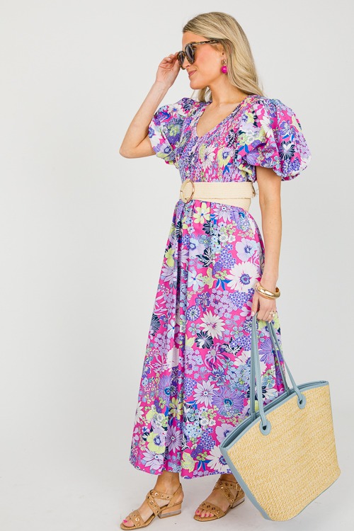 Smock Puff Sleeve Dress, Fuchsia - New Arrivals - The Blue Door Boutique