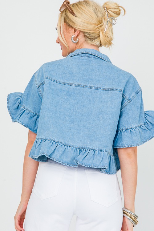 Ruffle Trim Denim Jacket - New Arrivals - The Blue Door Boutique