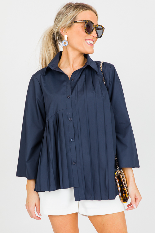 Pleated Shirt, Navy - New Arrivals - The Blue Door Boutique