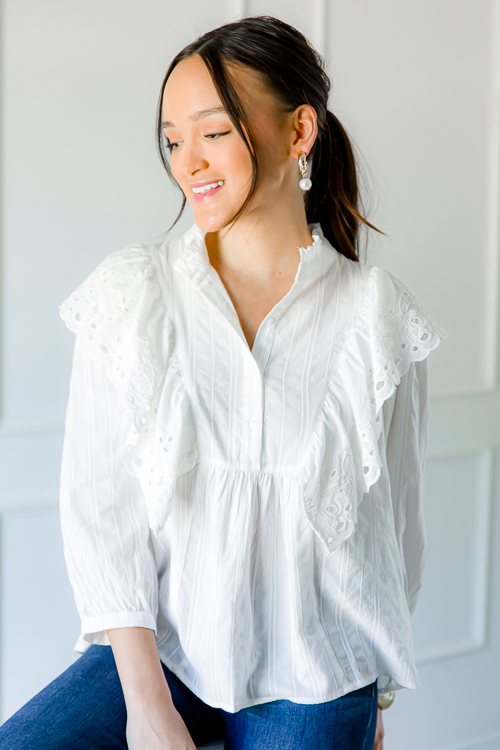 Eyelet Ruffle Button Top, Off White - New Arrivals - The Blue Door Boutique