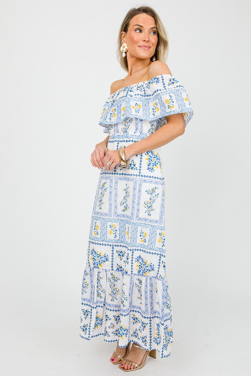 Eyelet Tile Print Maxi, White Blue - New Arrivals - The Blue Door Boutique