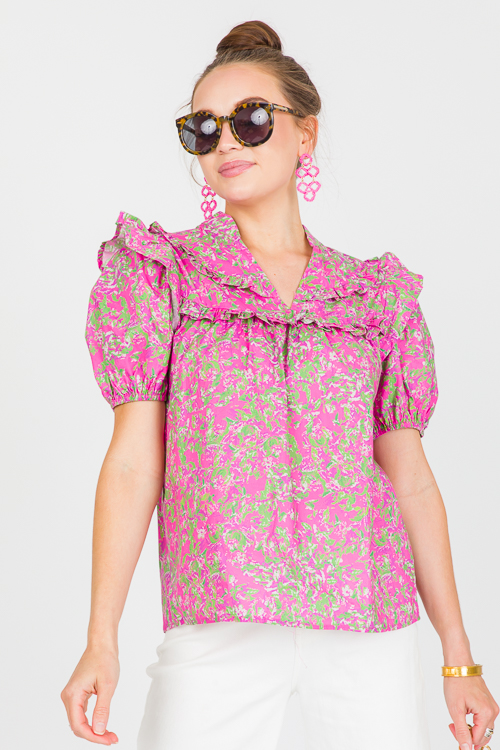 Notch Neck Ruffle Top, Hot Pink - New Arrivals - The Blue Door Boutique