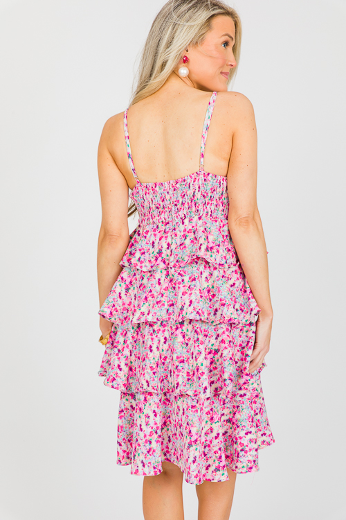 Ruffle Layered Floral Dress, Pink - New Arrivals - The Blue Door Boutique