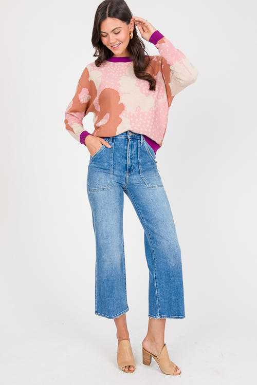 Floral Round Neck Sweater, Tan - MOVING SALE - The Blue Door Boutique