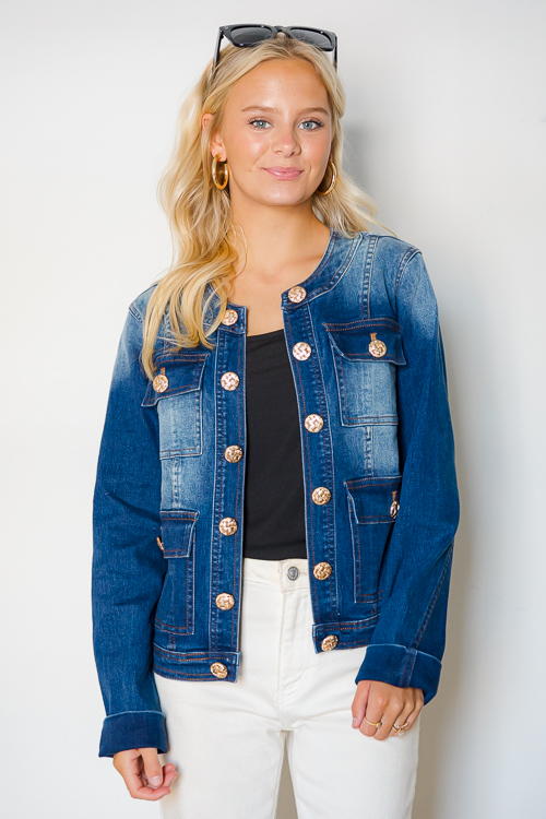 Gold Button Denim Jacket - New Arrivals - The Blue Door Boutique