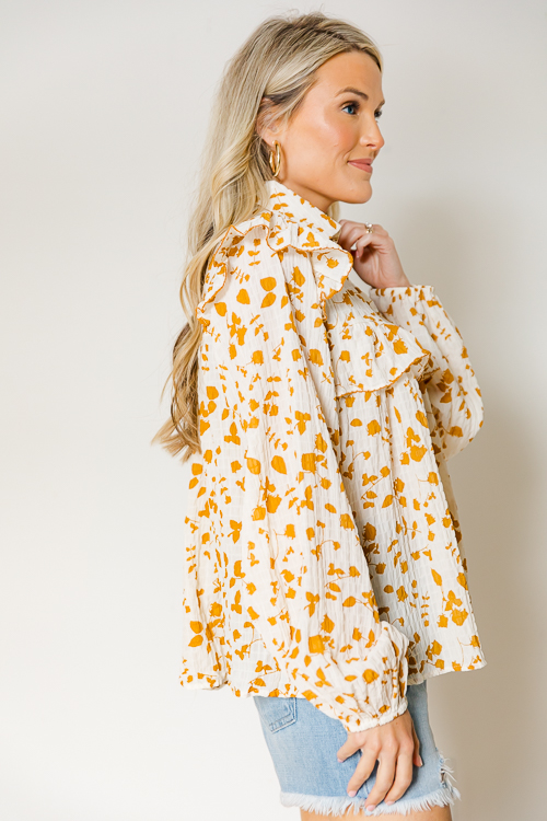 Collared Floral Top, Ivory Mustard - New Arrivals - The Blue Door Boutique