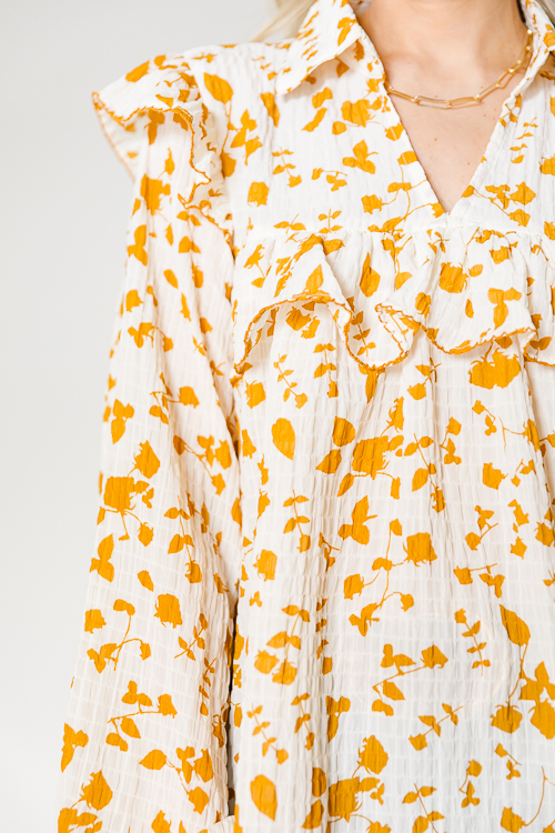 Collared Floral Top, Ivory Mustard - New Arrivals - The Blue Door Boutique