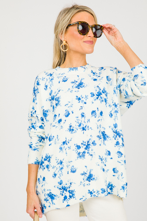 Blue Floral Sweater - New Arrivals - The Blue Door Boutique