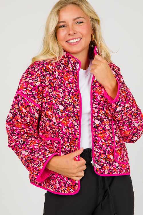 Floral Quilted Jacket, Fuchsia - SALE - The Blue Door Boutique