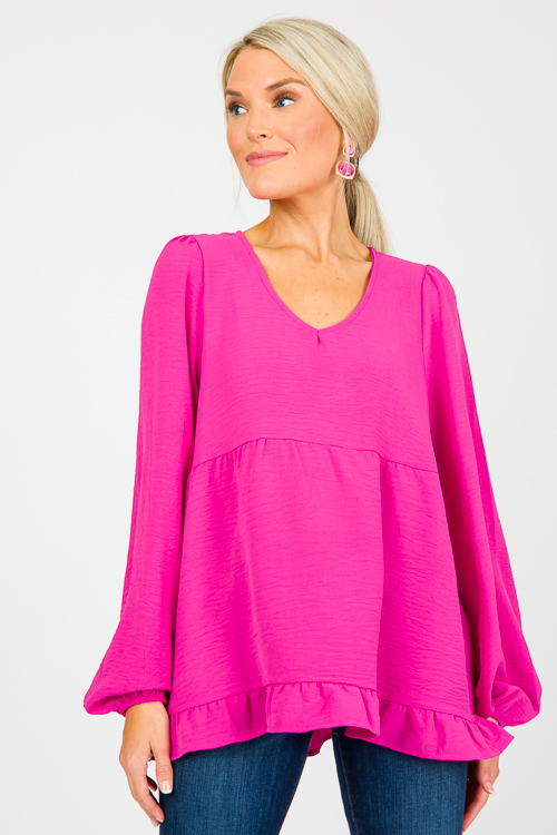 Ruffle Hem Babydoll Top, Magenta - SALE - The Blue Door Boutique