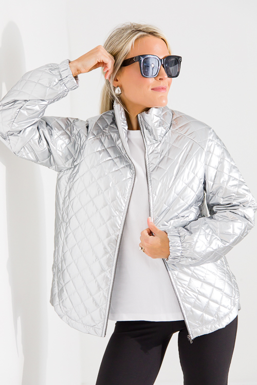 Metallic Quilted Jacket, Silver - New Arrivals - The Blue Door Boutique