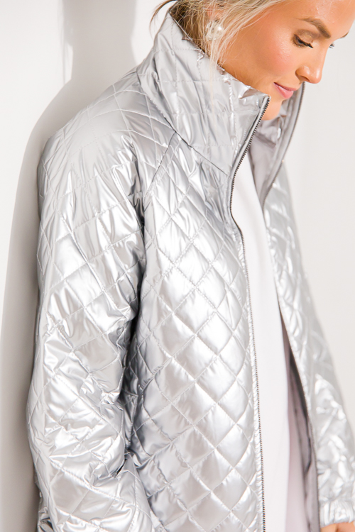 Metallic Quilted Jacket, Silver - New Arrivals - The Blue Door Boutique