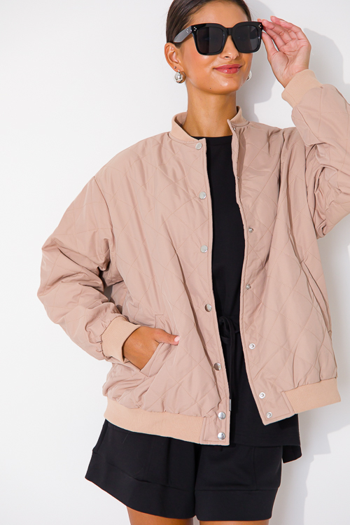 Rib Trim Quilted Bomber, Taupe - SALE - The Blue Door Boutique