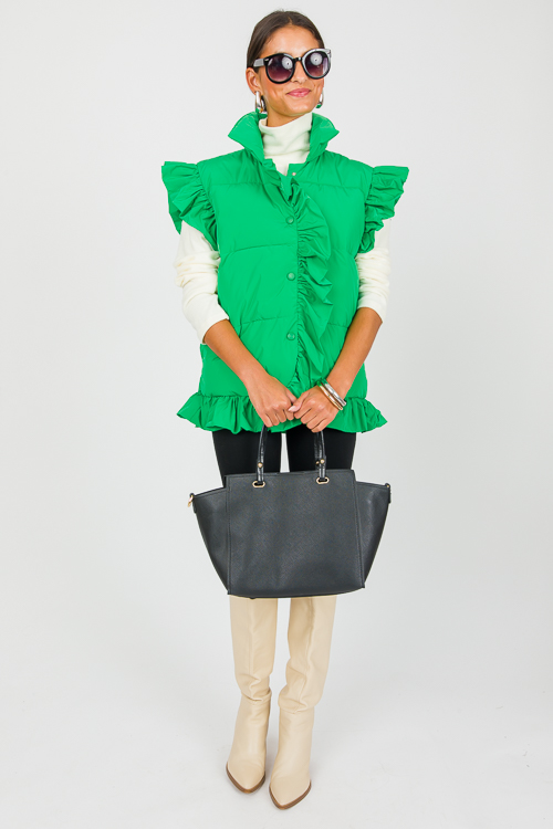 Ruffle Puffer Vest, Kelly Green - SALE - The Blue Door Boutique