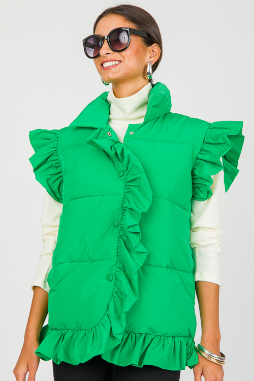 Ruffle Puffer Vest, Kelly Green - SALE - The Blue Door Boutique