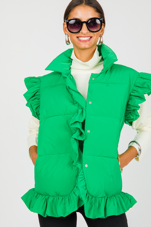 Ruffle Puffer Vest, Kelly Green - SALE - The Blue Door Boutique
