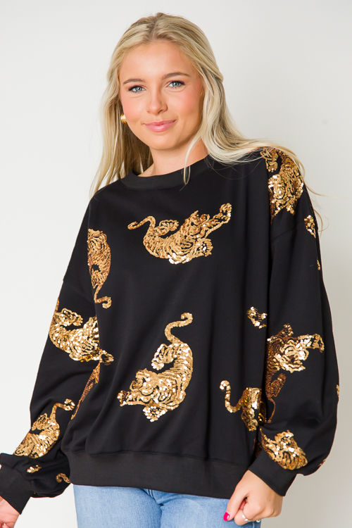 Sequin Tiger Sweatshirt, Black/Gold - New Arrivals - The Blue Door Boutique