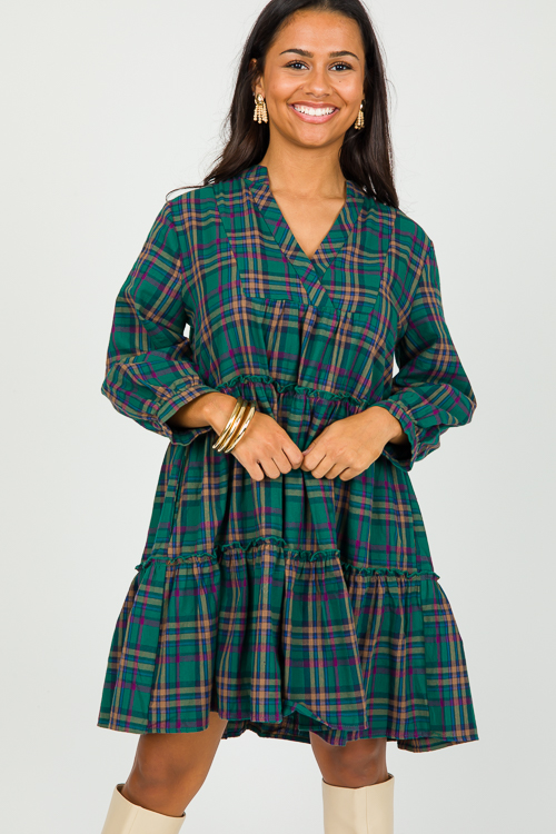 Tiered Plaid Dress, Green - New Arrivals - The Blue Door Boutique