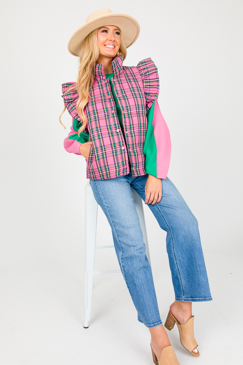 Ruffle Tartan Puffer Vest, Pink - New Arrivals - The Blue Door Boutique