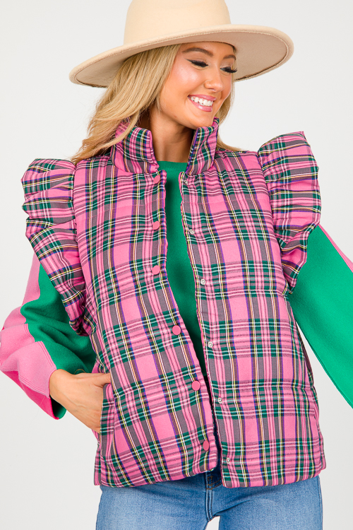 Ruffle Tartan Puffer Vest, Pink - New Arrivals - The Blue Door Boutique