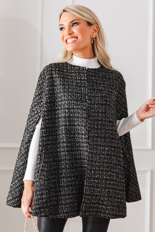 Metallic Tweed Cape, Black - New Arrivals - The Blue Door Boutique