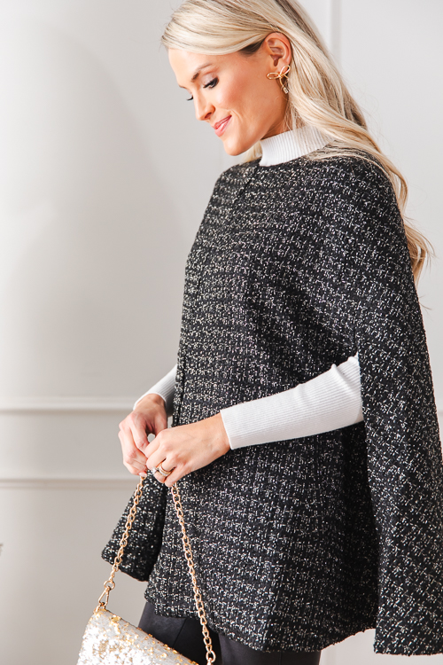 Metallic Tweed Cape, Black - New Arrivals - The Blue Door Boutique