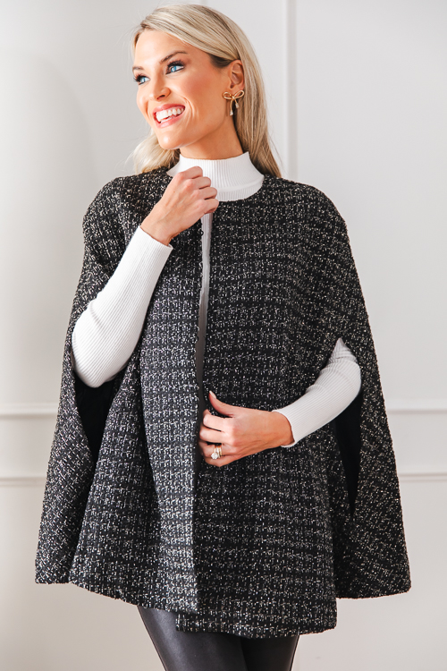 Metallic Tweed Cape, Black - New Arrivals - The Blue Door Boutique