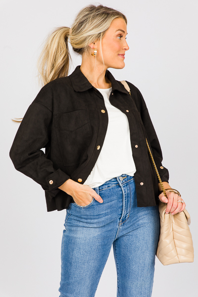 Snap Front Suede Jacket, Black - SALE - The Blue Door Boutique