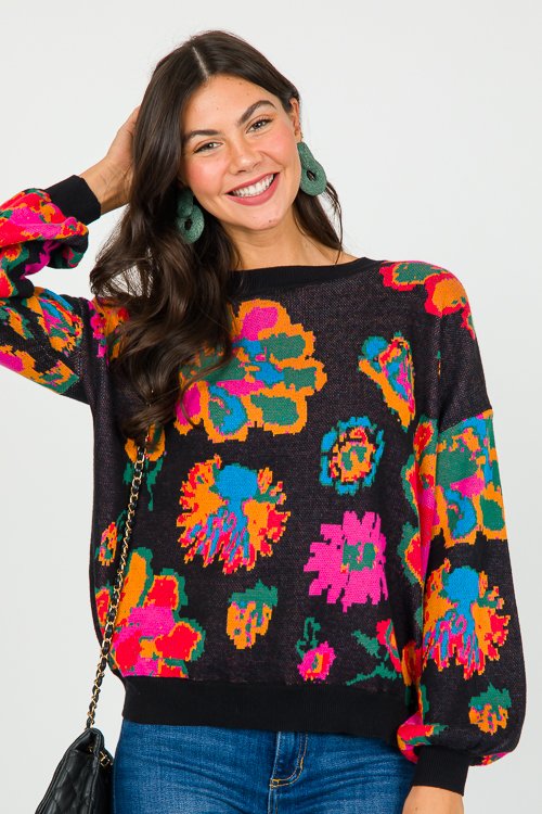 Floral Pattern Sweater, Black Multi - SALE - The Blue Door Boutique