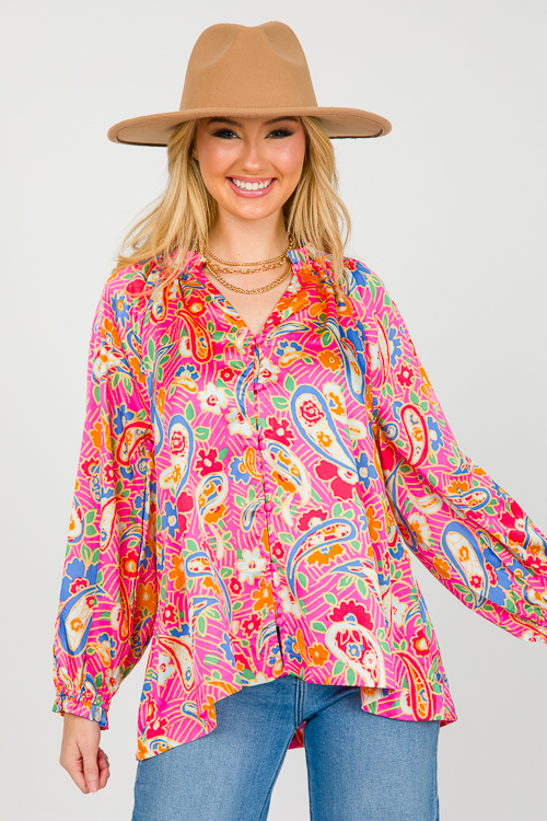 Paisley Floral Button Blouse, Hot Pink - SALE - The Blue Door Boutique