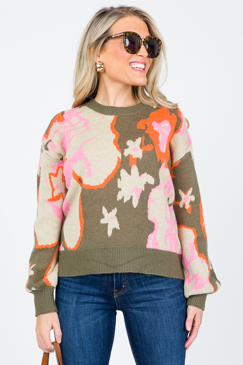 Abstract Flower Sweater, Olive - New Arrivals - The Blue Door Boutique
