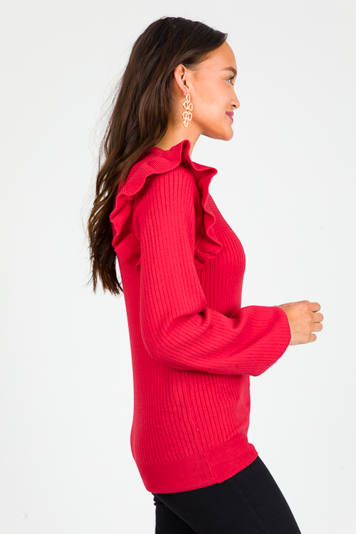 Ruffle Shoulder Rib Sweater, Red - SALE - The Blue Door Boutique