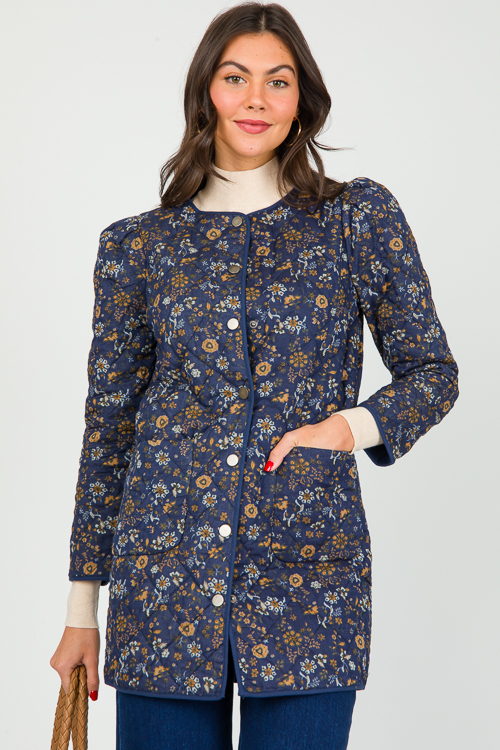Floral Quilted Long Jacket, Navy - SALE - The Blue Door Boutique